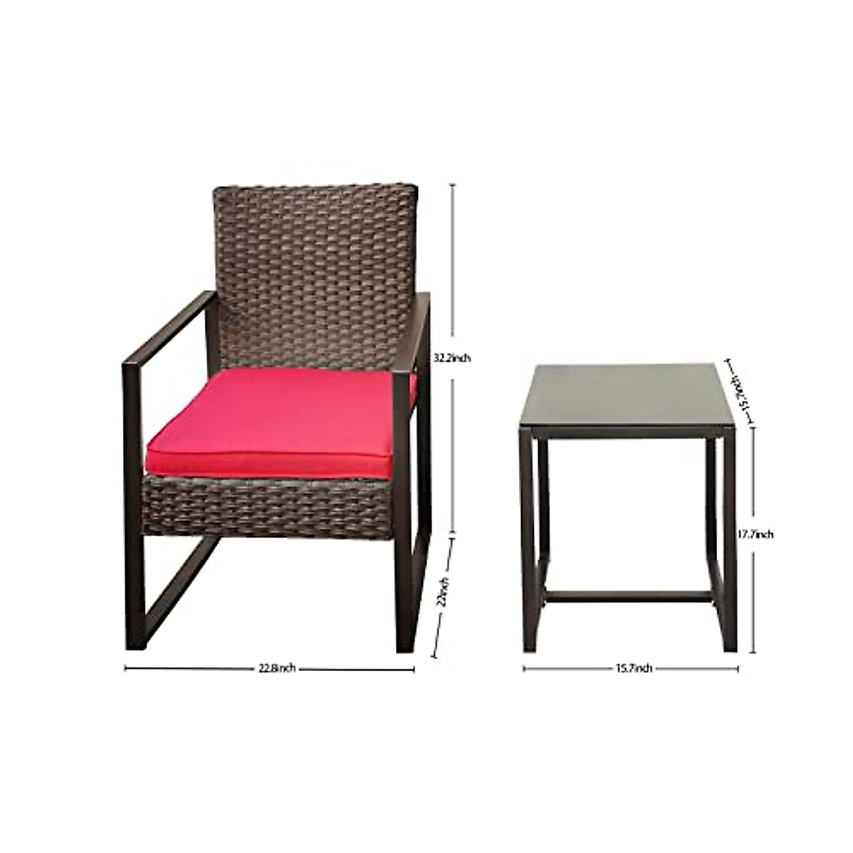 YIYAN 3 Pieces Outdoor Furniture Set Patio Rattan Wicker Chairs & teatable,Lawn Garden Balcony Backyard,with Washable Cushion (Red)