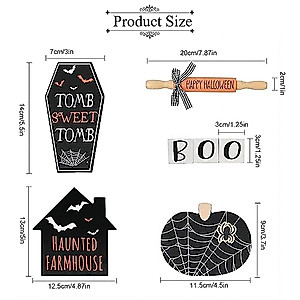 5Pcs Halloween Tiered Tray Decor Set Happy Halloween Boo Wooden Signs Cute Tomb Haunted House Rolling Pins Spiderweb Halloween Decor