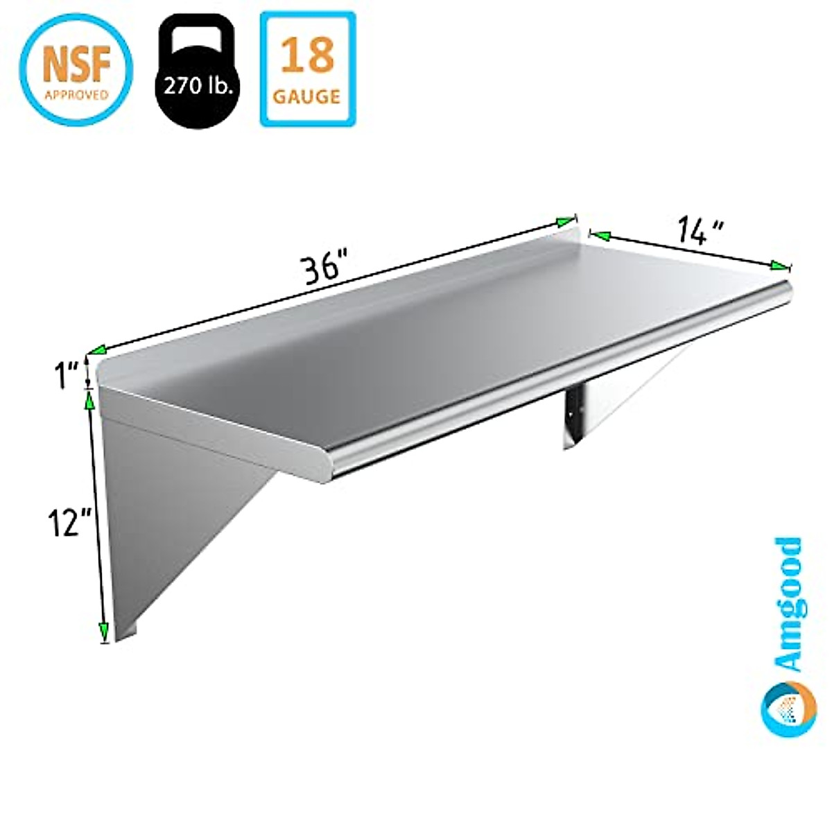 AmGood 14" X 36" Stainless Steel Wall Shelf | Metal Shelving | Garage, Laundry, Storage, Utility Room | Restaurant, Kitchen | Food Prep | NSF Certified