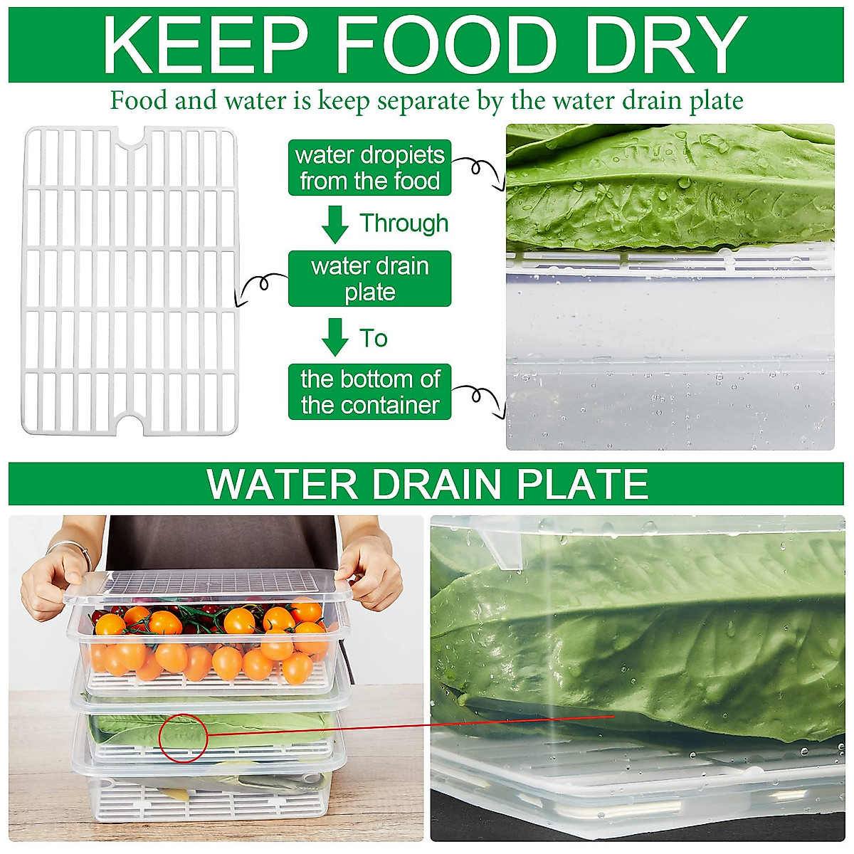 Meanplan Food Storage Containers for Fridge Plastic refrigerator Organizers with Removable Drain Plate and Lid Stackable Produce Containers to Keep Fruits, Vegetables, Meat (12 Packs)