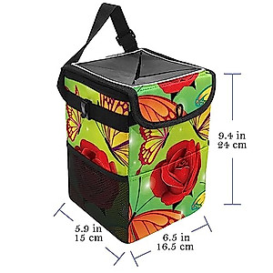 RODAILYCAY Auto Trash Container for Car Back Seat Leak Proof, Car Trash Bag Bin Hanging, Cute Car Garbage Bin, Litter Storage Can Red Rosy Flower Flying Blutterflies Kissing