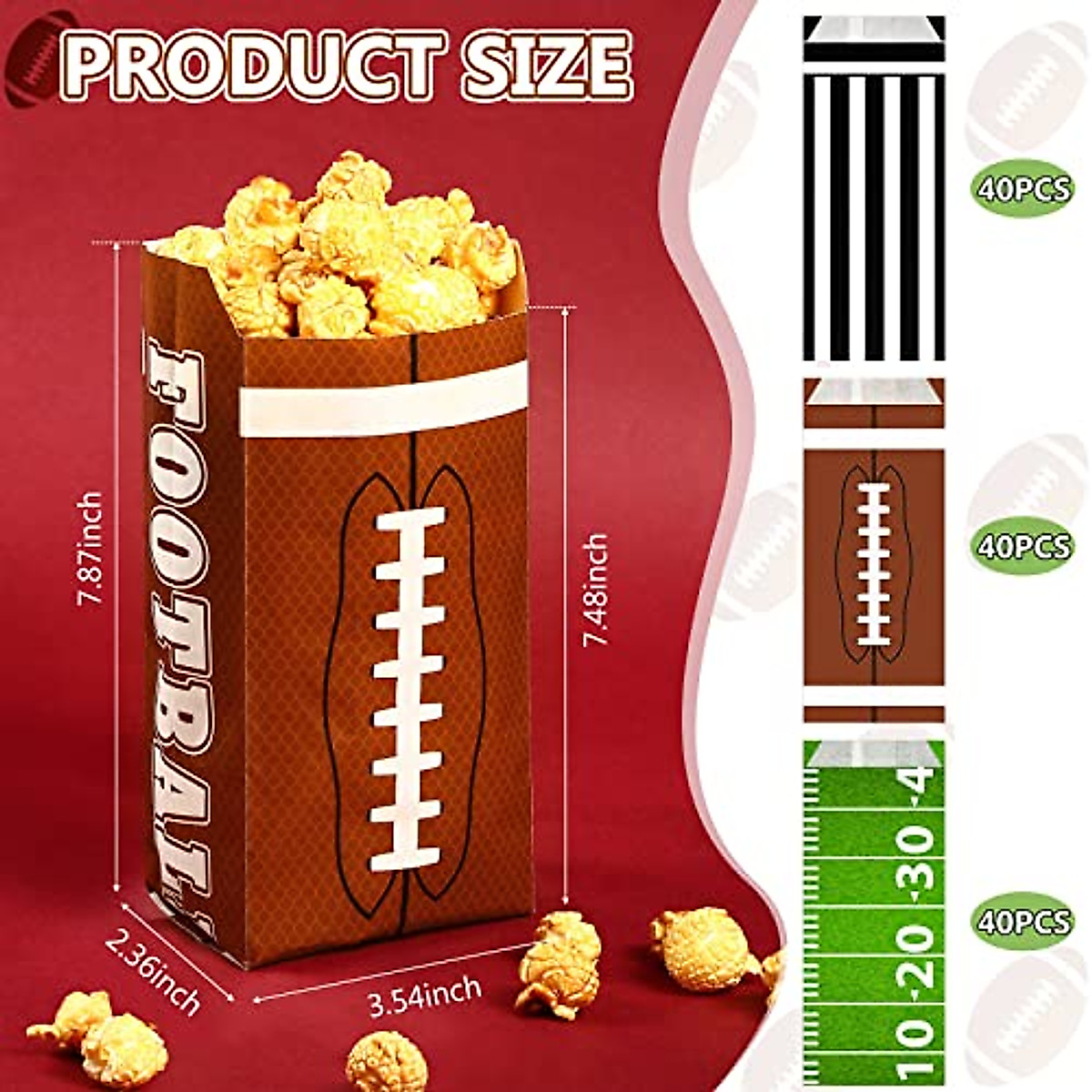 120 PCS Football Popcorn Bags Football Candy Treat Bags Football Party Popcorn Boxes Football Popcorn Holder Football Paper Favor Bags for Football Theme Birthday Party Baby Shower Supplies