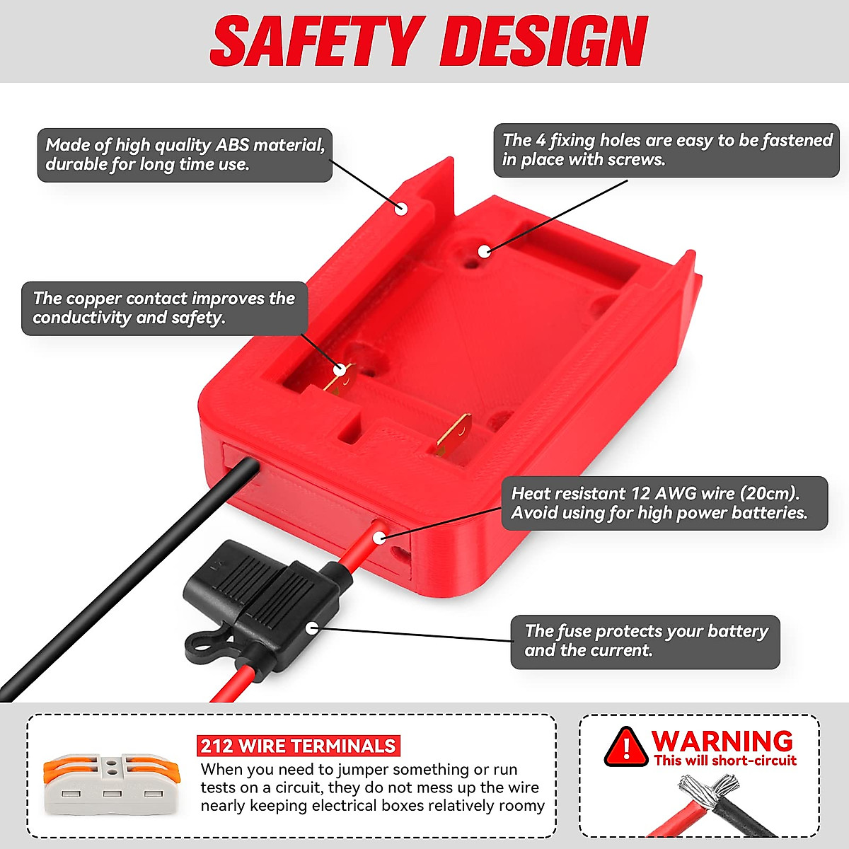 Ecarke Power Wheels Adapter for Craftsman 20V Dock Power Connector 12 Gauge Robotics RC Toy & Car,e-Bike(with Wire Terminals & 30A Fuse)