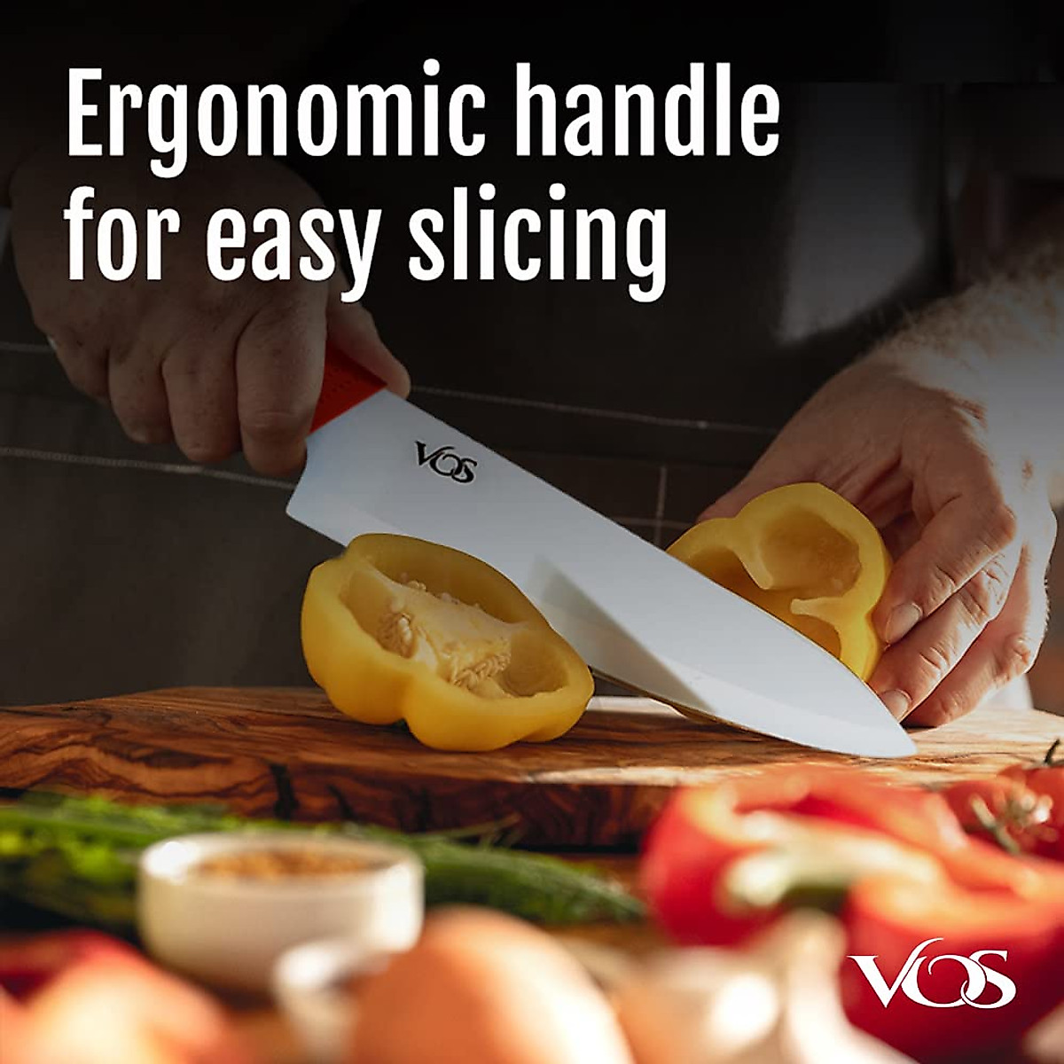 Vos Universal Knife Block and 8 Inch Ceramic Chef Knife Red