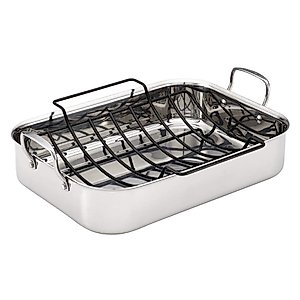 Anolon Triply Clad Stainless Steel Roaster / Roasting Pan with Rack - 17 Inch x 12.5 Inch, Silver