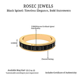 Certified Black Spinel Half Eternity Band, AAA Quality, Natural Black Spinel Anniversary Ring (With Jewelry Box), 14K Yellow Gold, Size:US 9.50