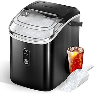 FREE VILLAGE Nugget Ice Maker Countertop, Pebble Machine with Soft Chewy Pellet Ice, 10,000pcs/33Lbs/Day, Self-Cleaning, Quiet & Easy to Us, Portable for Home Kitchen Bar Party Stainless Steel Black