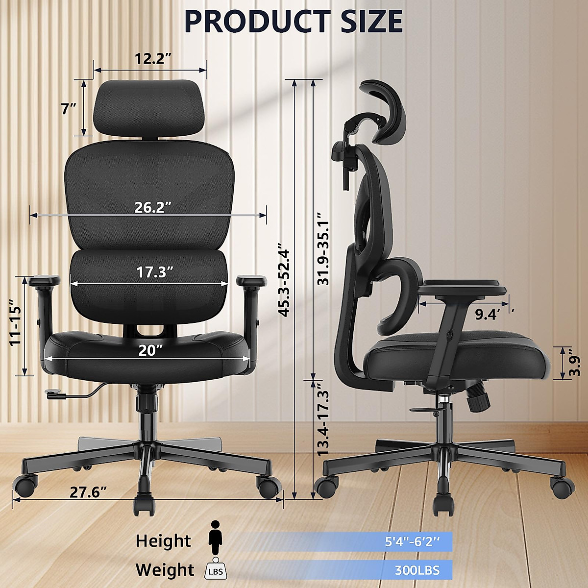 Office Chair, Ergonomic Desk Chair, High Back Desk Chair, Big and Tall Reclining Comfy Home Office Chair with Lumbar Support Breathable Mesh Computer Chair Adjustable Armrests