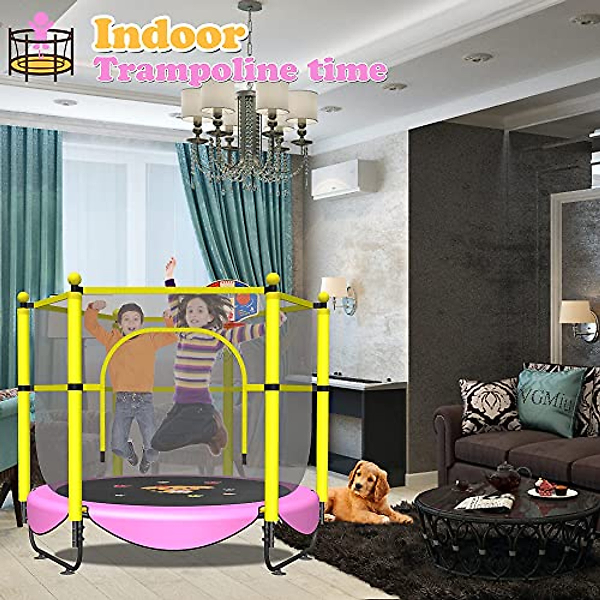 60" Trampoline for Kids, 5 FT Toddler Baby Trampoline with Safety Enclosure Net, Indoor or Outdoor Pink Small Recreational Trampolines with Basketball Hoop, Birthday Gifts for Kids, Gifts for Girl