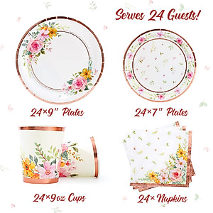 HOMIX Floral Paper Plates and Napkins Cups Sets Pink Flower Tea Party Supplies Disposable Dinnerware Sets Serves 24 for Bridal Shower, Birthdays