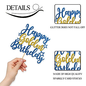 MonMon & Craft Happy Golden Birthday Cake Topper/Happy 1st 20th 30th 40th 50th Birthday Cake Decor/Golden Birthday Party Decorations - Blue & Gold Glitter