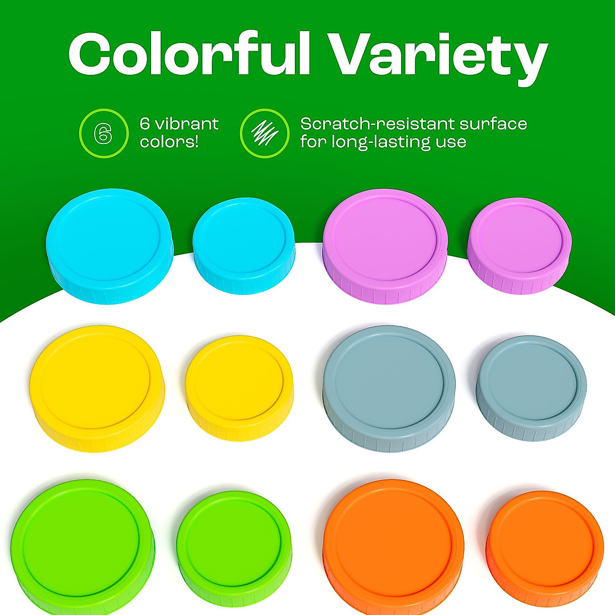 HELPFUL HOME Mason Jar Lids, Canning Lids - Leakproof, Easy to Use, Versatile Usage, Bright & Colorful, Dishwasher Safe, Fits BALL, KERR & More, Pack of 12 (6 Wide Mouth & 6 Regular Mouth)