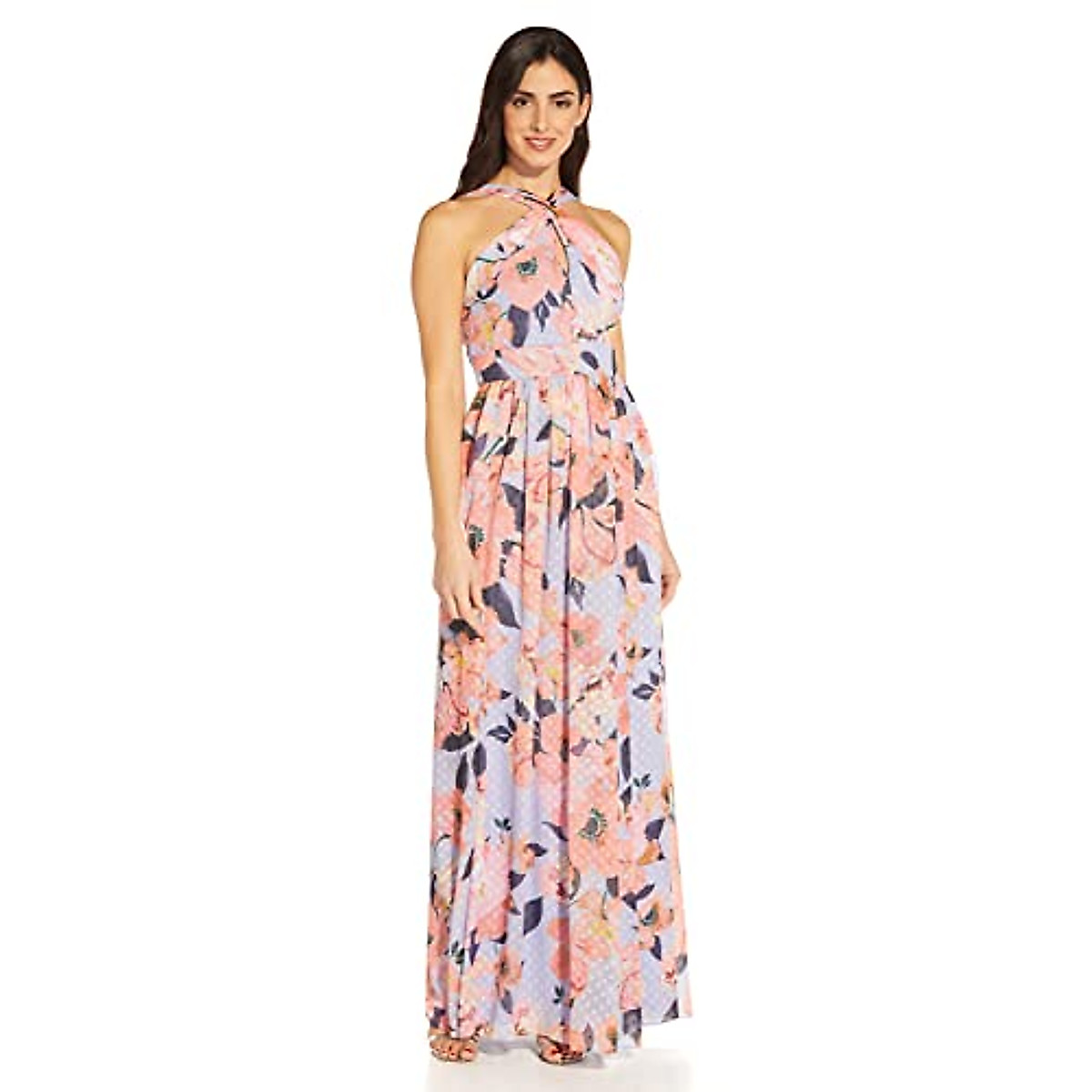 Adrianna Papell Women's Printed Chiffon Halter Gown, Opal/Coral Multi, 14