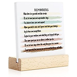 Mental Health Reminders Sign Decor Inspirational Desk Office Wall Art Motivational Cheer up Gifts Ceramic Positive Quotes Decor with Wooden Stand for Christmas Office Classroom Gift Decoration