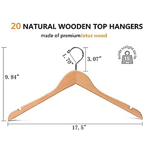 Amber Home Smooth Natural Finish Solid Wood Shirt Dress Hangers 20 Pack, Sturdy Wooden Coat Hangers with Precisely Notches, Clothes Hangers for Jacket, Camisole, Bridal (Natural, 20)