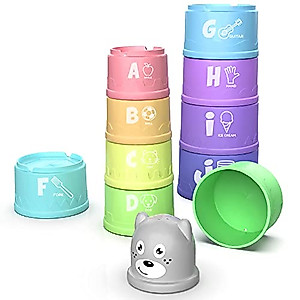 Stacking Cups Toy for Toddler Plus Bonus Squirting Baby Bath Toy & Bear Head Shaker with Numbers, Letters, Patterns, Fun Educational Toys for 6 Months +, 1 2 3 Years