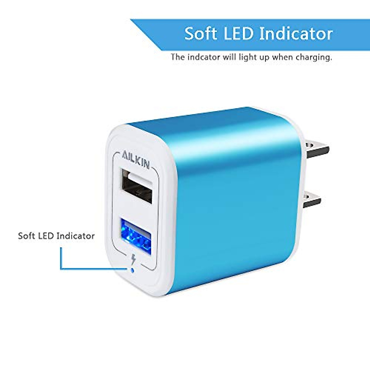 USB Plug in Wall Charger, Charging Block, 2Pack AILKIN 2.1A Fast Charge Dual Port Power Adapter Cube Box Brick Base Compatible with Phone, Pad, LG, Honor, Samsung, Kindle Fire, Blue, All USB - Blue