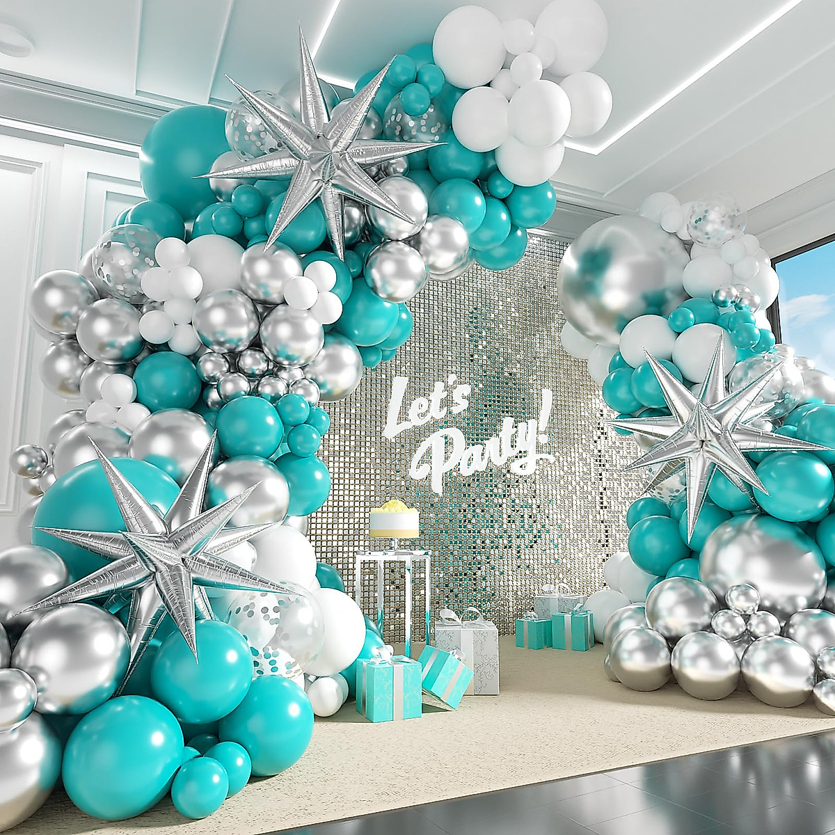 125pcs Teal Silver White Balloon Garland Arch Kit, White Metallic Silver Teal Balloons for Wedding Engagement Anniversary Bridal Shower Baby Shower Birthday Party Decorations