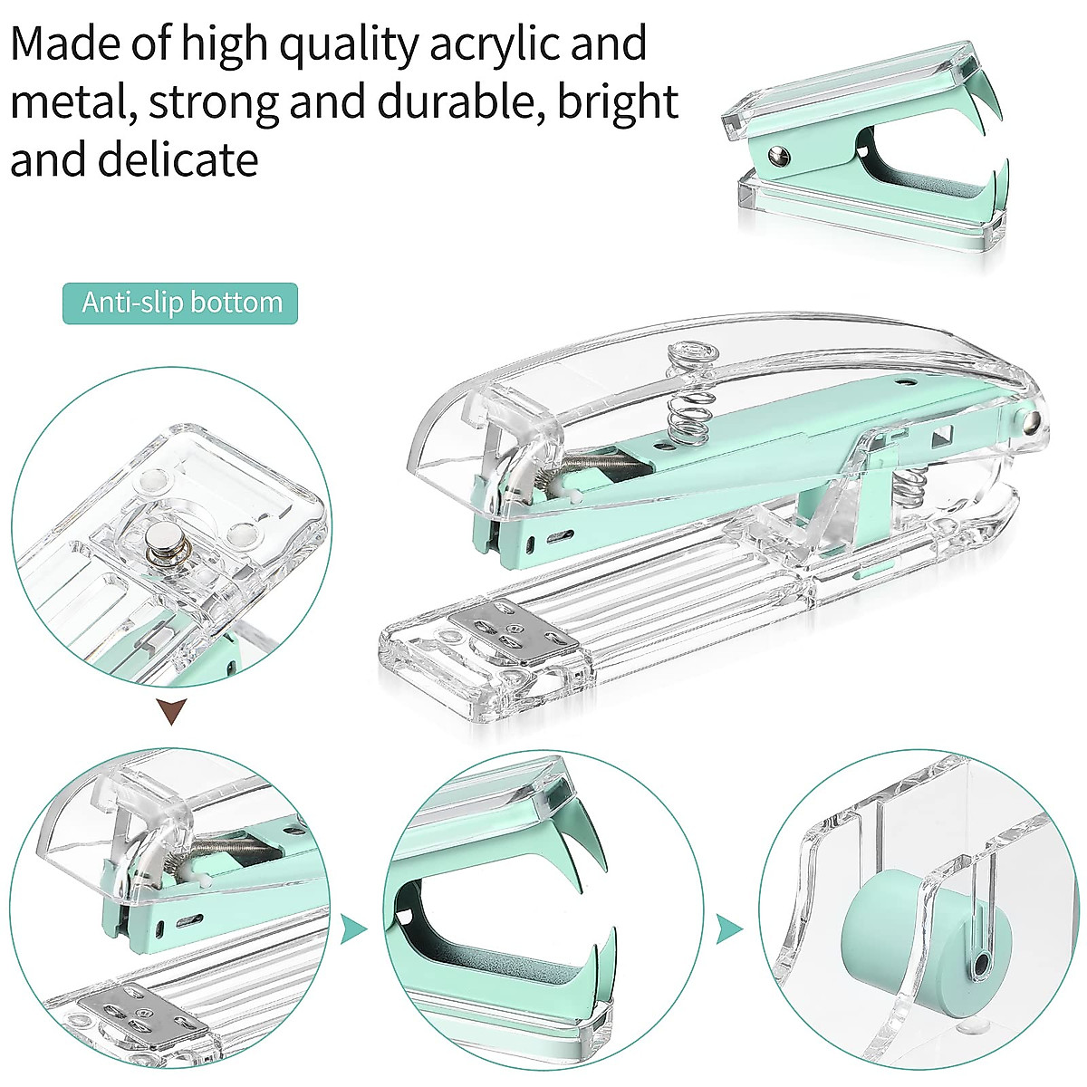 Office Supplies Set Desk Accessory Kit, Acrylic Stapler Set Staple Remover, Tape Dispenser, Binder Clips, Paper Clips, Ballpoint Pen and Scissor with 1000 Pieces 26/6 Staples (Green)