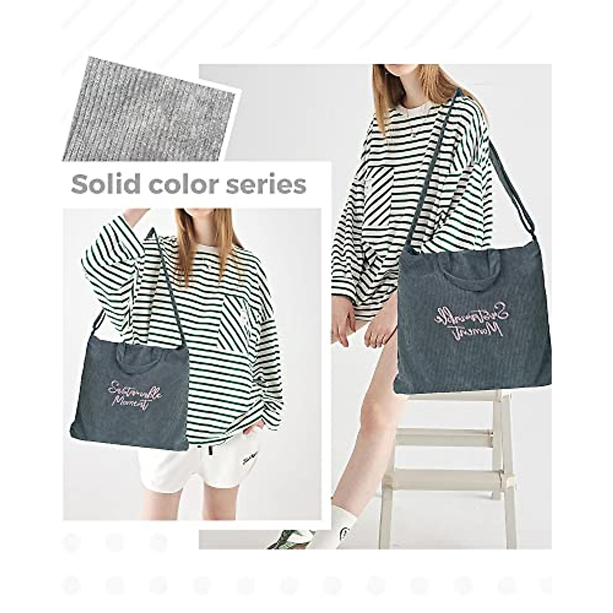 Corduroy Tote Bag for Women,Large Tote Bag ,Shoulder Bag with Zipper&Inner Pockets,Hobo Crossbody Handbag Casual Tote. (Grey)