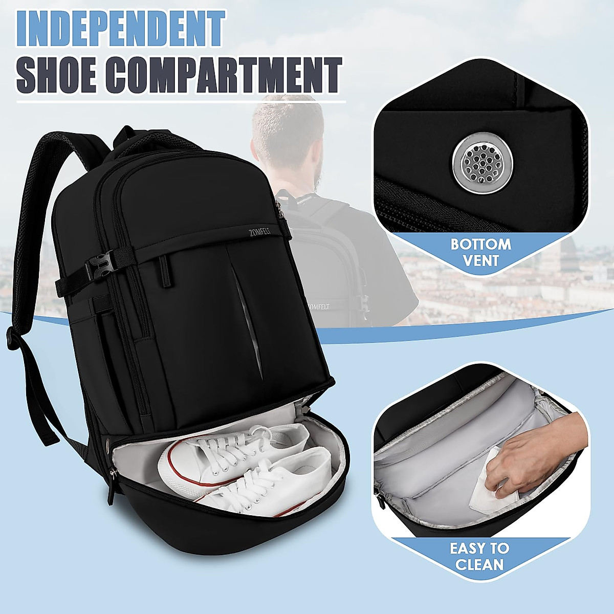 ZOMFELT Travel Backpack for Women Men,Carry On Backpack Airline Approved with Shoes Compartment, 15.6 Inch Laptop Backpack with USB Port,Waterproof Hiking Backpack Casual Daypack for College, Black