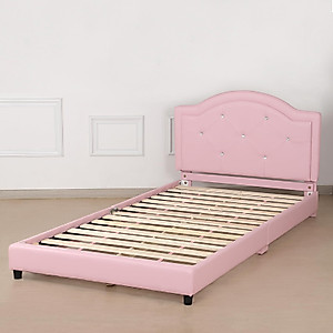 Leather Kids Twin Bed , Crystal Button Adjustable Height Headboard Children's Bed, Wooden Slat Base Toddler Bed ,Upholstered Twin Bed for Kid, Fits Standard Twin Mattress(75"Wx39"D) (Pink)
