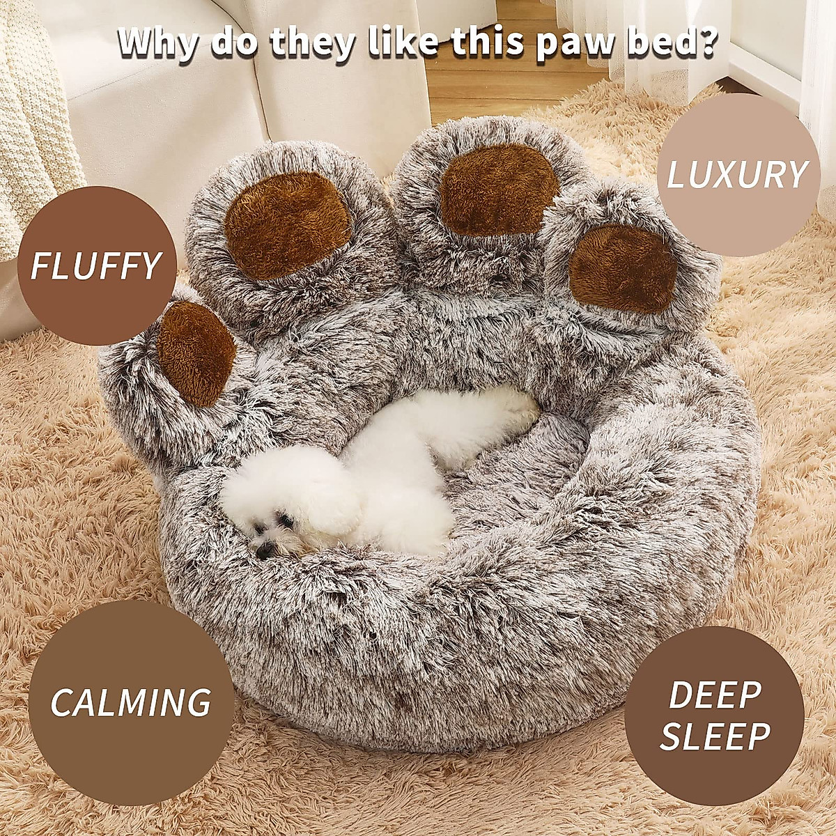 Jiupety Pet Round Bed of Paw Shape, Calming Donut Dog Bed for Medium and Small Dog, Faux Fur Cat Bed, Comfortable and Soft, Machine Washable, Large Size (26"×26"×8"), Gray