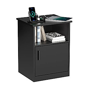 PrimeZone Modern Nightstand with 3 USB Ports - Waterproof Bedside Table with Cabinet & Open Storage, End Side Table Furniture for Bedroom, 16" D x 18" W x 24" H, Black