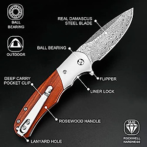 KOMWERO Damascus Pocket Knife with Clip for Men, VG10 Damascus Steel Folding Knives, EDC Damascus Hunting Knife with Leather Sheath Wooden Handle for Camping Collection