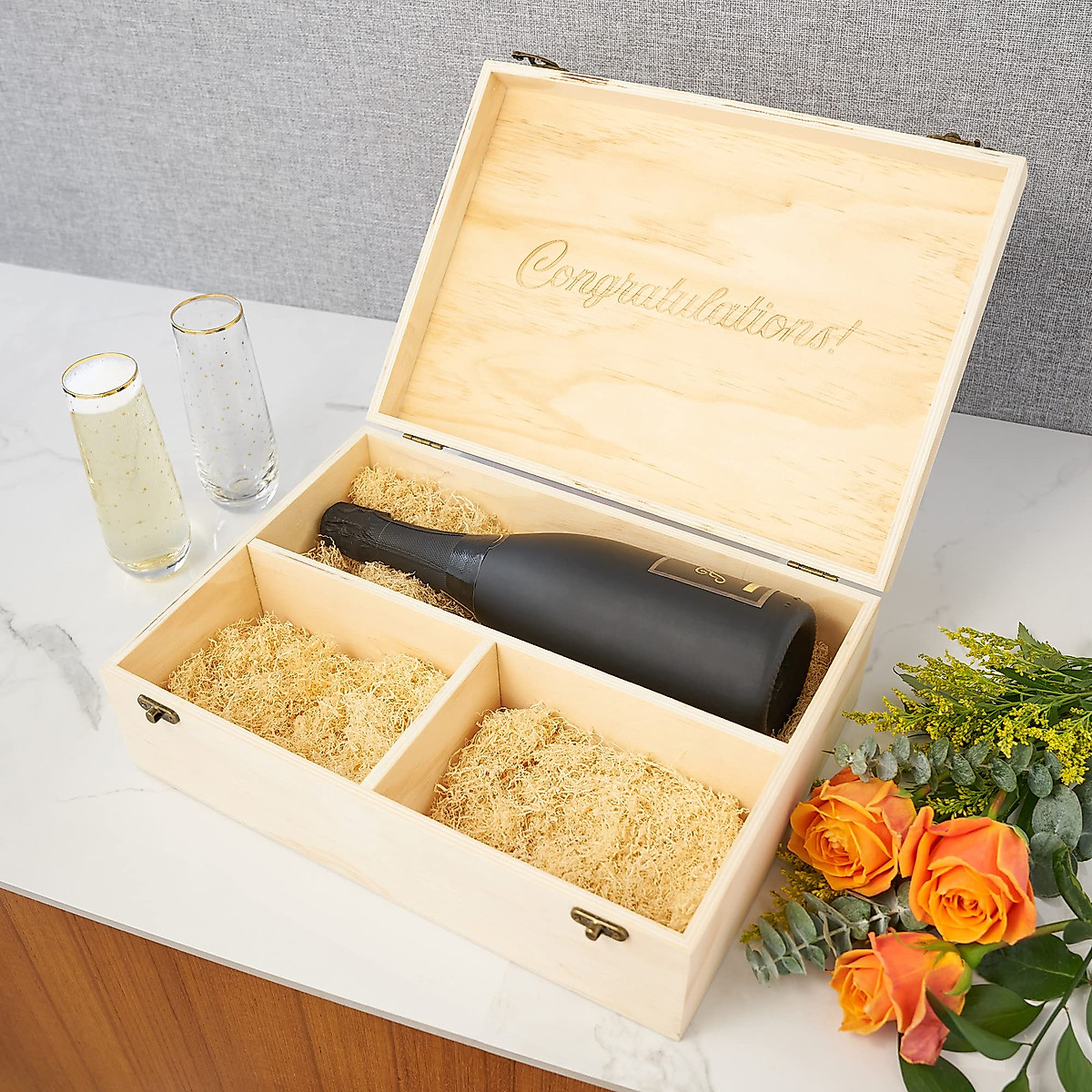 Twine Champagne Bottle Gift Box, Wine Box with Lid and 2 Stemless Champagne Flutes, Packing Straw, Holds 1 Champagne Bottle, Wood