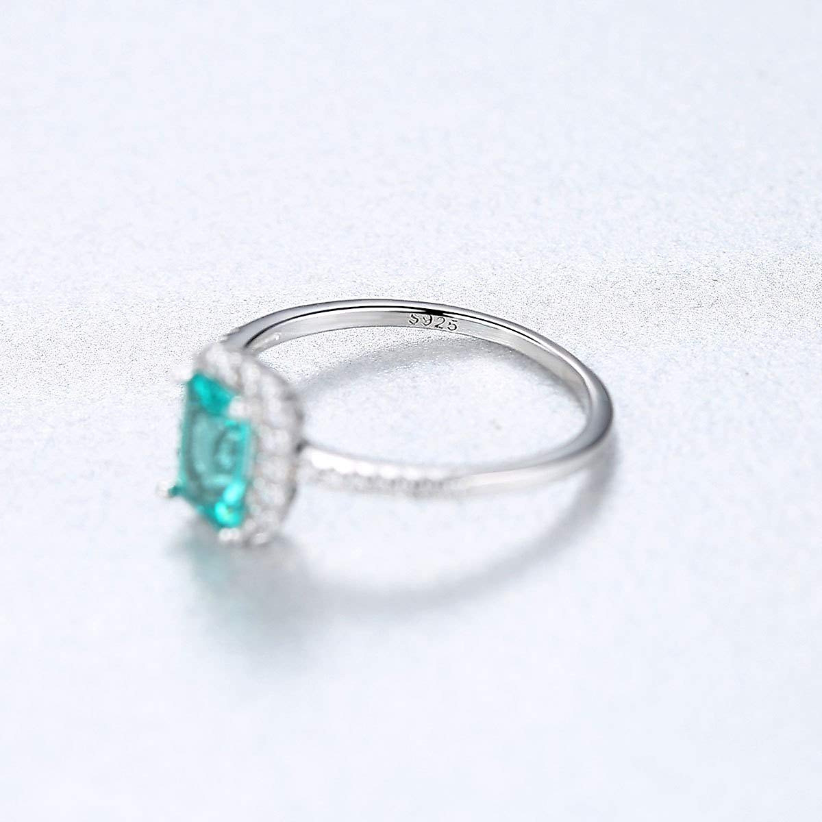 Gdirection 925 Sterling Silver Cubic Zirconia Halo Simulated Emerald Ring for Women, CZ Zircon Octagon Emerald Cut Nano Green Gemstone S925 Palladium Plated Eternity Engagement Band with Gift Box (8)