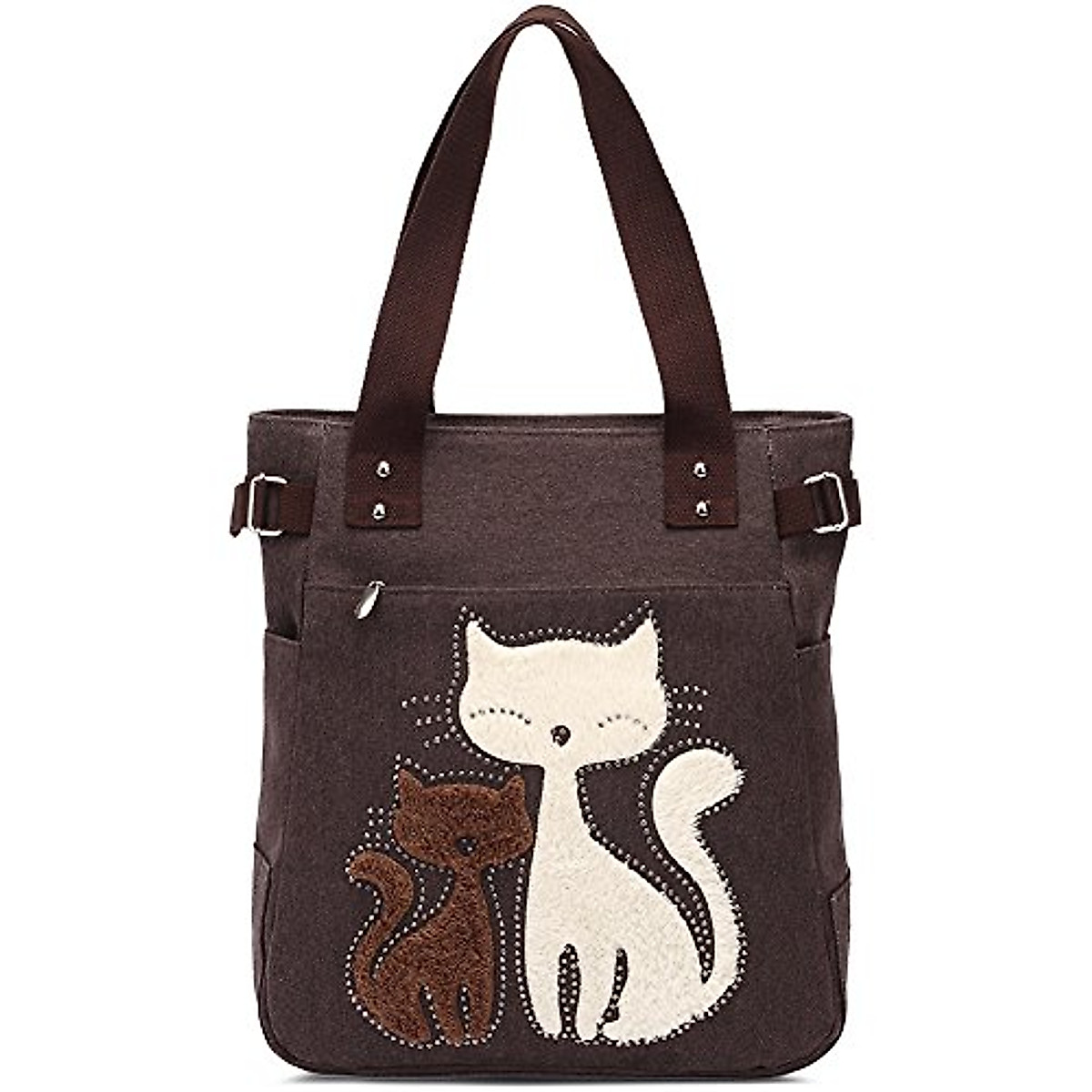 KAUKKO Women Canvas Handbag Shoulder Bag Cat Big Tote Bag Coffee