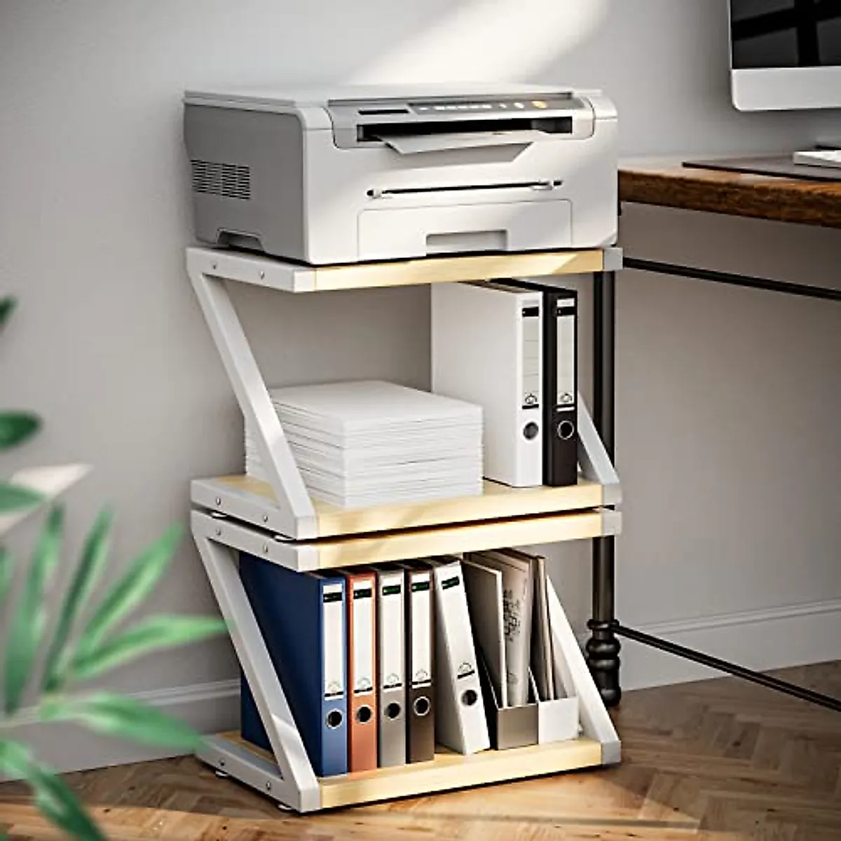 HUANUO Printer Stand, Desktop Stand for Printer, Printer Stand with Storage, Desktop Shelf with Anti-Skid Pads, Printer Table Organizer, Printer Shelf w/ 2 Tier Tray & Hardware & Steel (Light Wood)