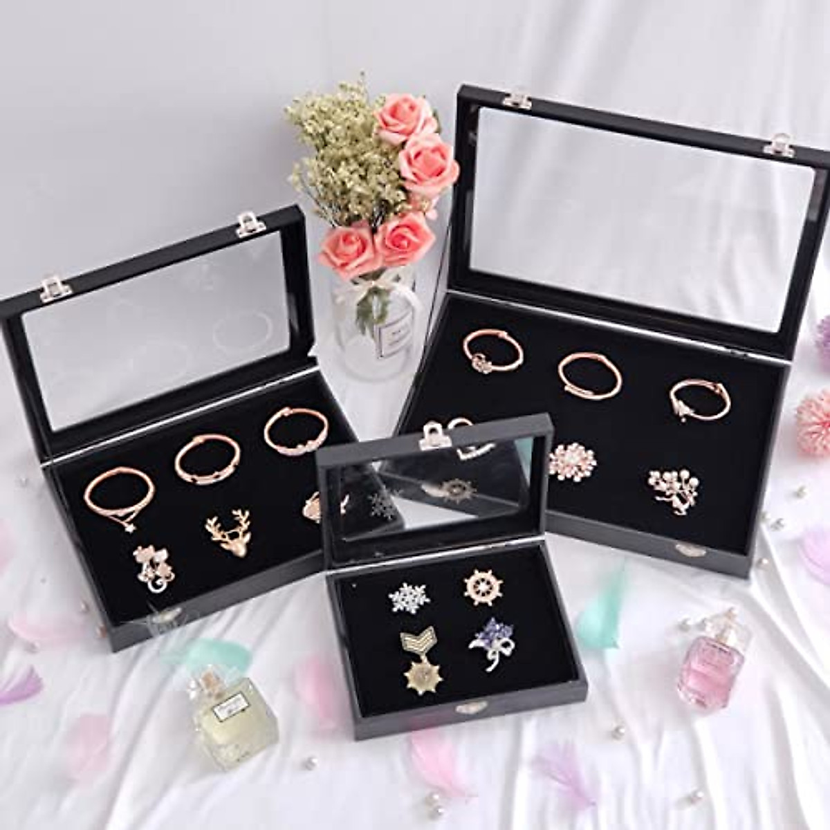 Pursuestar Black Dustproof Pin Display Case Shadow Box Frame with Hooks for Military Medal Jewelry Pin Badge Rings Necklaces Bracelets- 11x8 Inch