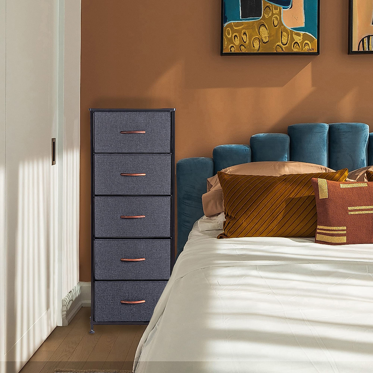 DHMAKER Fabric Dresser for Bedroom, Vertical Dresser with 5 Drawers, Storage Tower with Fabric Organizer, Tall Dresser, Dresser & Chests of Drawers for Closet, Nursery Hallway, Dark Indigo