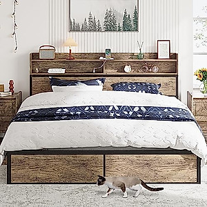 IRONCK King Size Bed Frame, Bookcase Headboard with Charging Station, Platform Storage Bed, Solid and Stable, Noise Free, No Box Spring Needed, Rustic Maple
