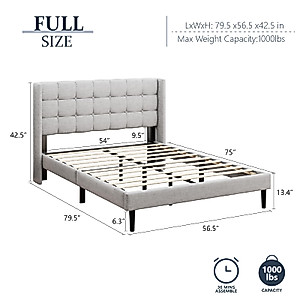 Sismplly Full Size Bed Frame with Headboard, Modern Upholstered Platform Bed Frames, Button Tufted Wingback Mattress Foundation, No Box Spring Needed, Easy Assembly, Light Grey
