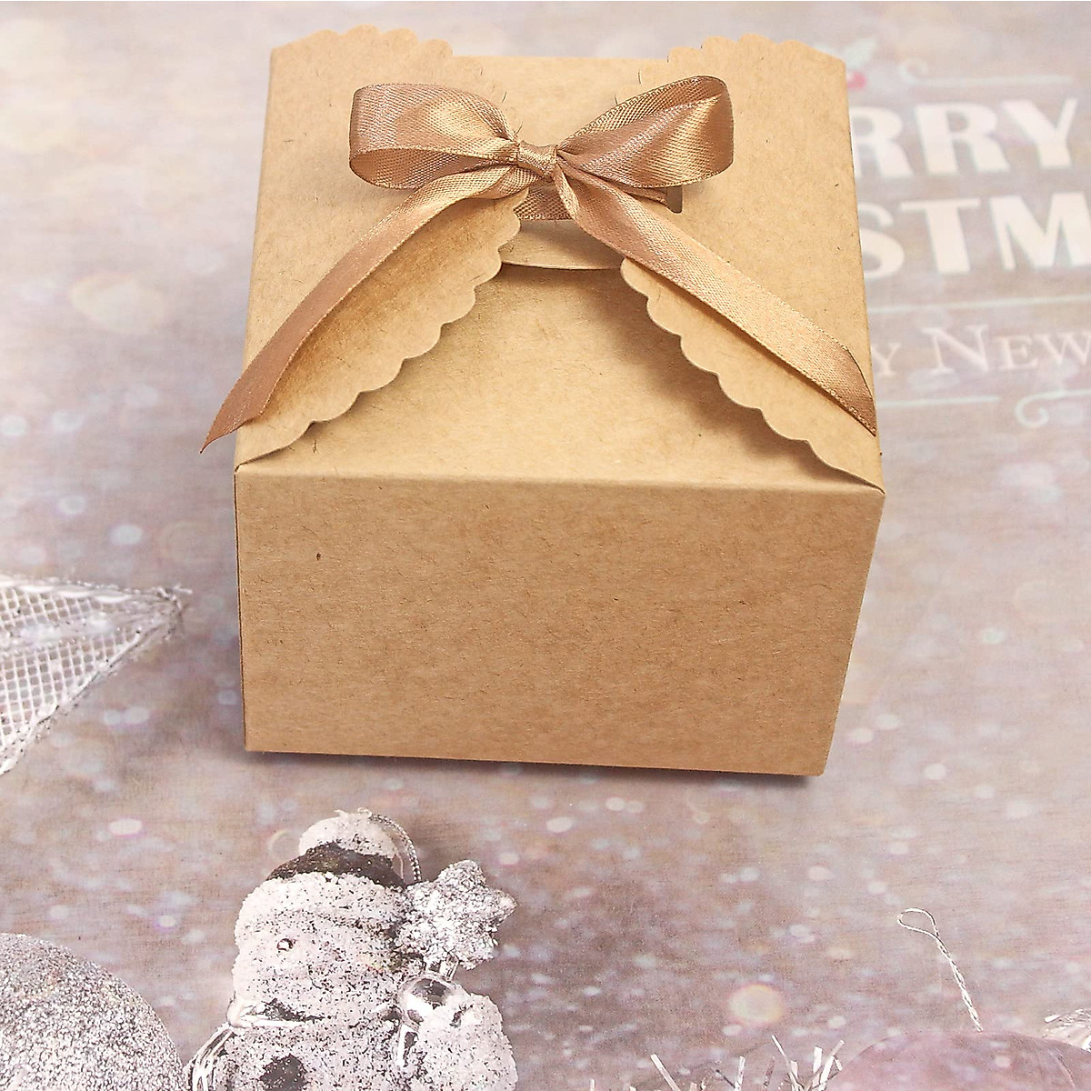 Brown Gift Box for Presents, 10 Pack Small Empty Kraft Gift Boxes with Ribbon For Packaging Candy, Cookie, Chocolate, Craft, Candle, and Other Small Gifts, 4.75” x 4.75” x 3.53” Cute Paper Boxes