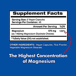 Magnesium Glycinate 575mg per Serving, Magnesium Glycinate Chelate, Magnesium Glycinate Capsules, Magnesium Supplement for Bone & Muscle Health, Chelated for Maximum Absorption, 90 Veggie Capsules