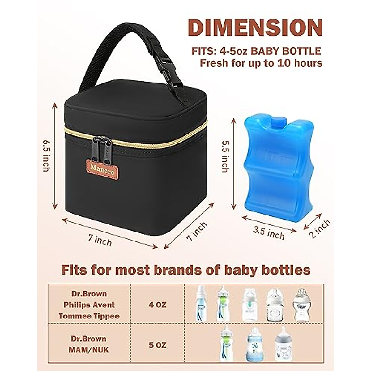 Breastmilk Cooler Bag with Ice Pack Fits 4 Baby Bottles Up to 5 Ounce, Mancro Insulated Baby Bottle Bag for Nursing Mom Daycare, Easily Attaches to Stroller, Black
