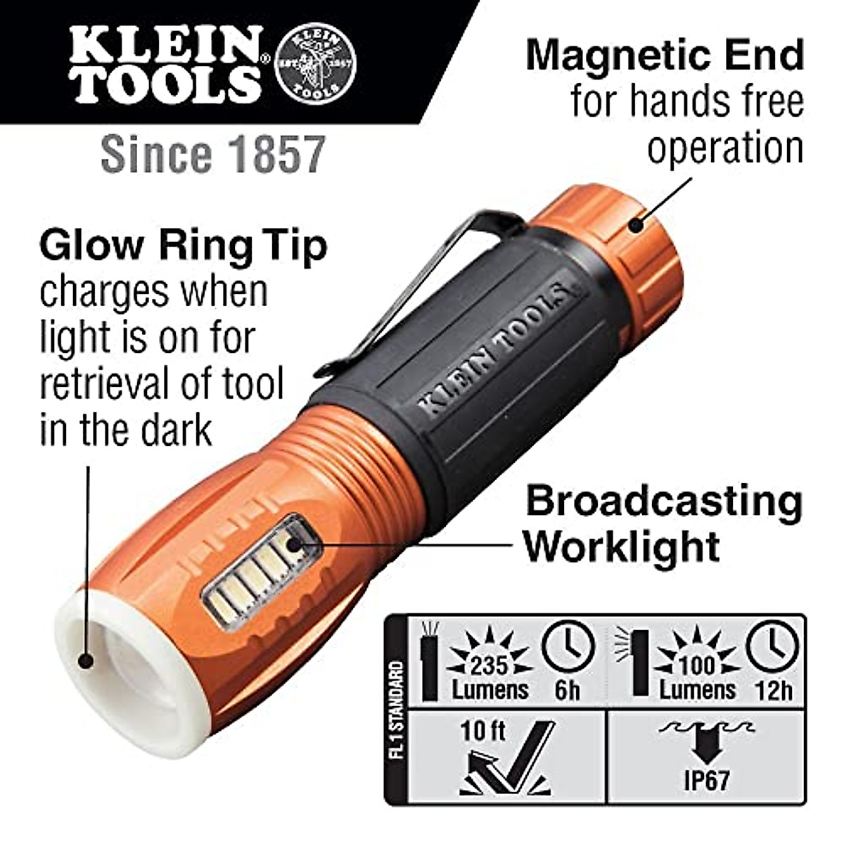 Klein Tools 56028 LED Flashlight and Work Light, Durable, Waterproof, Compact, Hands-free Magnetic End, Runs to 12 Hours, for Work and Outdoor
