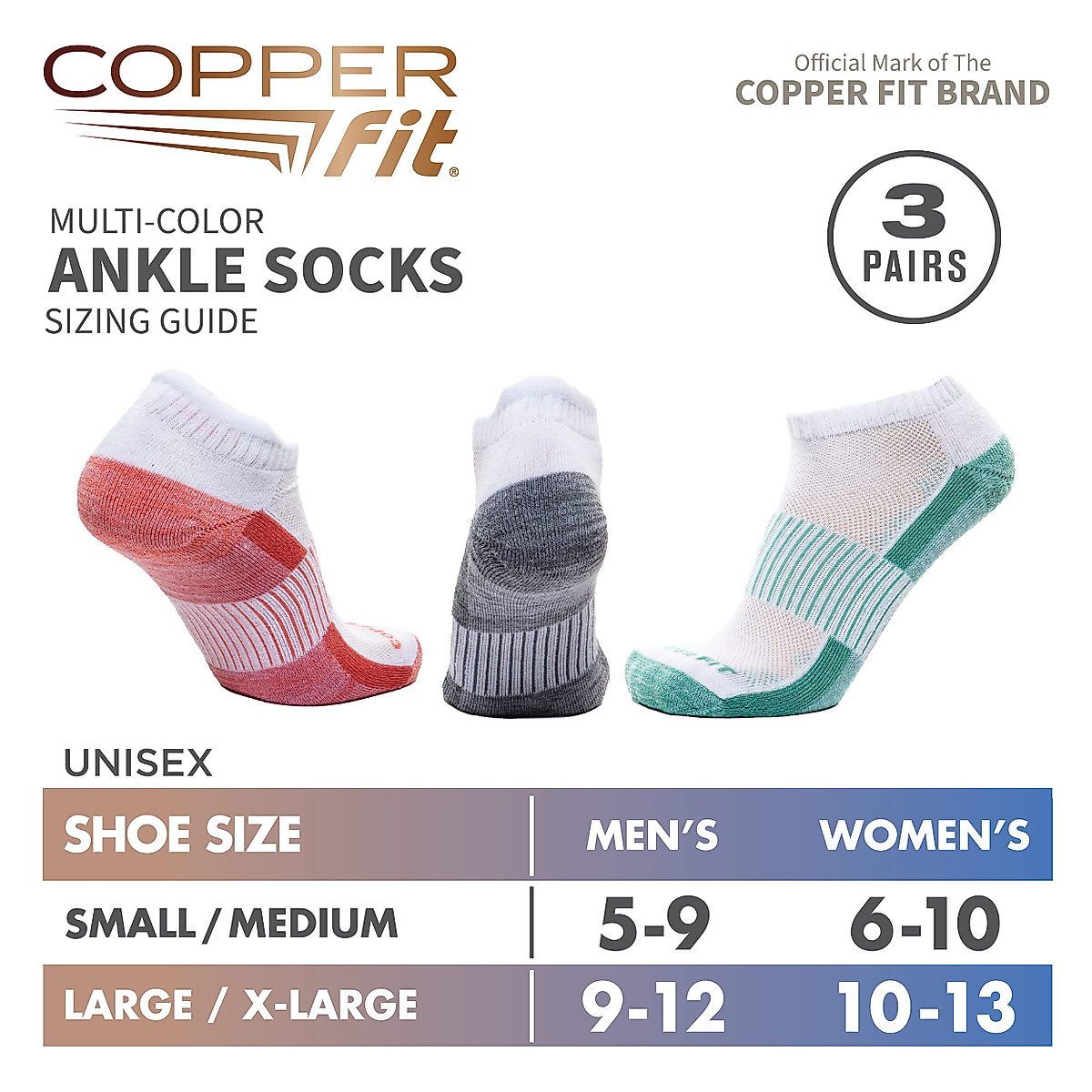 Copper Fit unisex adult Ankle Length Sport Socks, White, Large-X-Large US