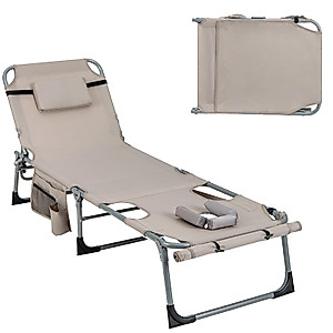Giantex Tanning Chair, 5-Position Adjustable Beach Chair with Face & Arm Hole, Hand/Shoulder Strap, Removable Pillow, Side Pocket, 400 Lbs Capacity, Sunbathing Chair, Lounge Chair Outdoor (1, Beige)