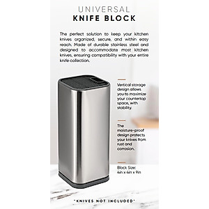 Dura Living Universal Knife Block Holder, Stainless Steel Knife Stand Without Knives, Safe Space Saver Stable Knife Storage with Scissors Slot, Detachable for Easy Cleaning, Kitchen Organizer, Silver