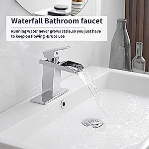 BWE Waterfall Bathroom Faucet Chrome Polished Modern Sink Bath Single Hole Handle Lavatory Vanity Washbasin Mixer Tap Brass Material with Water Faucets Supply Hose