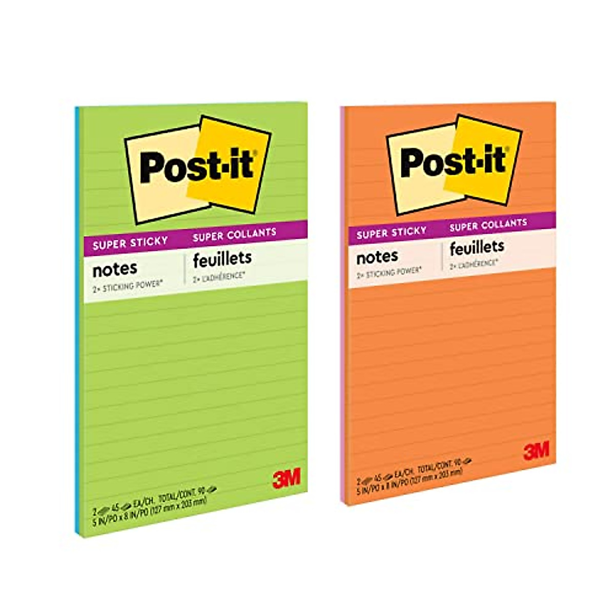 Post-it Notes Super Sticky Pads in Energy Boost Collection Colors, Note Ruled, 5" x 8", 45 Sheets/Pad, 4 Pads/Pack