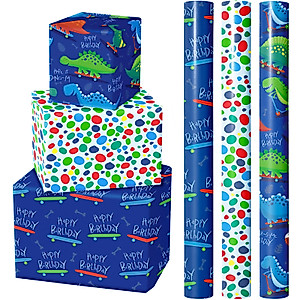 WRAPAHOLIC Birthday Wrapping Paper Roll - Mini Roll - 3 Rolls - 17 Inch X 120 Inch Per Roll - Cute Dinosaurs, Happy Birthday Lettering, Polka Dot for Kid's Birthday, Baby Shower