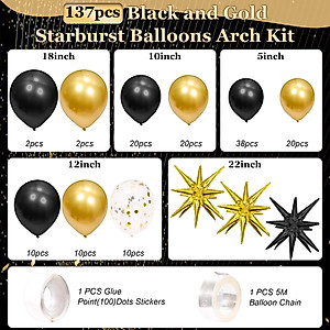 PARTYNOW 137Pcs Black and Gold Balloons Garland Arch Kit 5/10/12/18in Black Metallic Gold Confetti Latex Balloons with Explosion Star Balloons for Graduation Anniversary Birthday Party Decorations