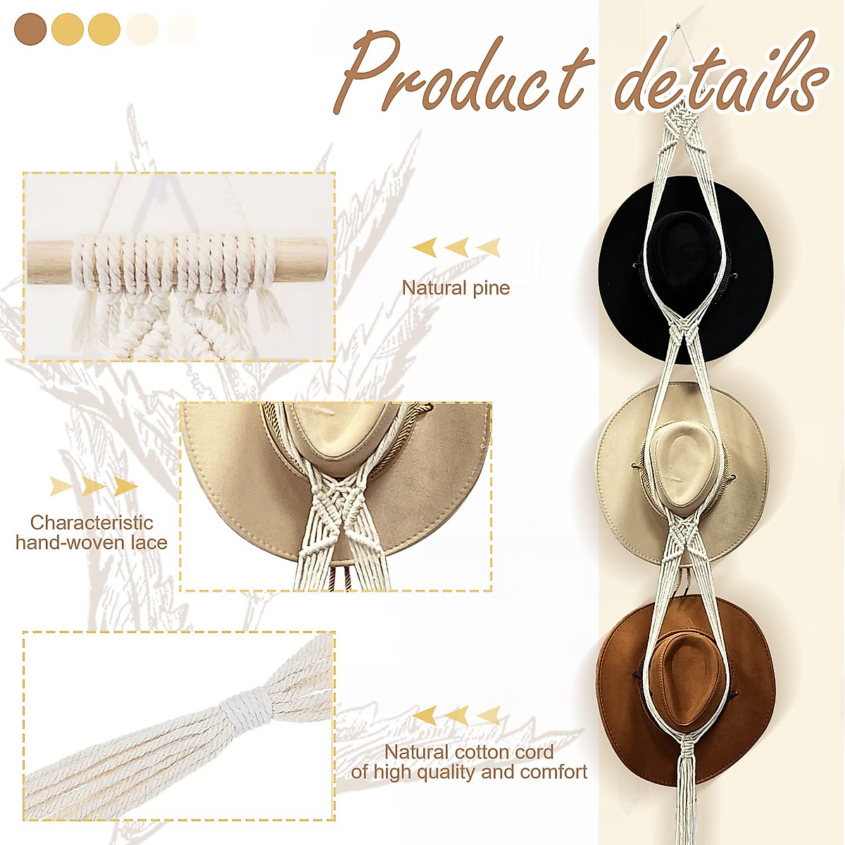 Gute Macrame Hat Hangers, Boho Hats Rack for for Wall Hanging, Black White Woven Women Hat Holder Organizer for Wide Brim and Fedoras Sun Hat Cowboy Hat Display(White,3 Hat Style)