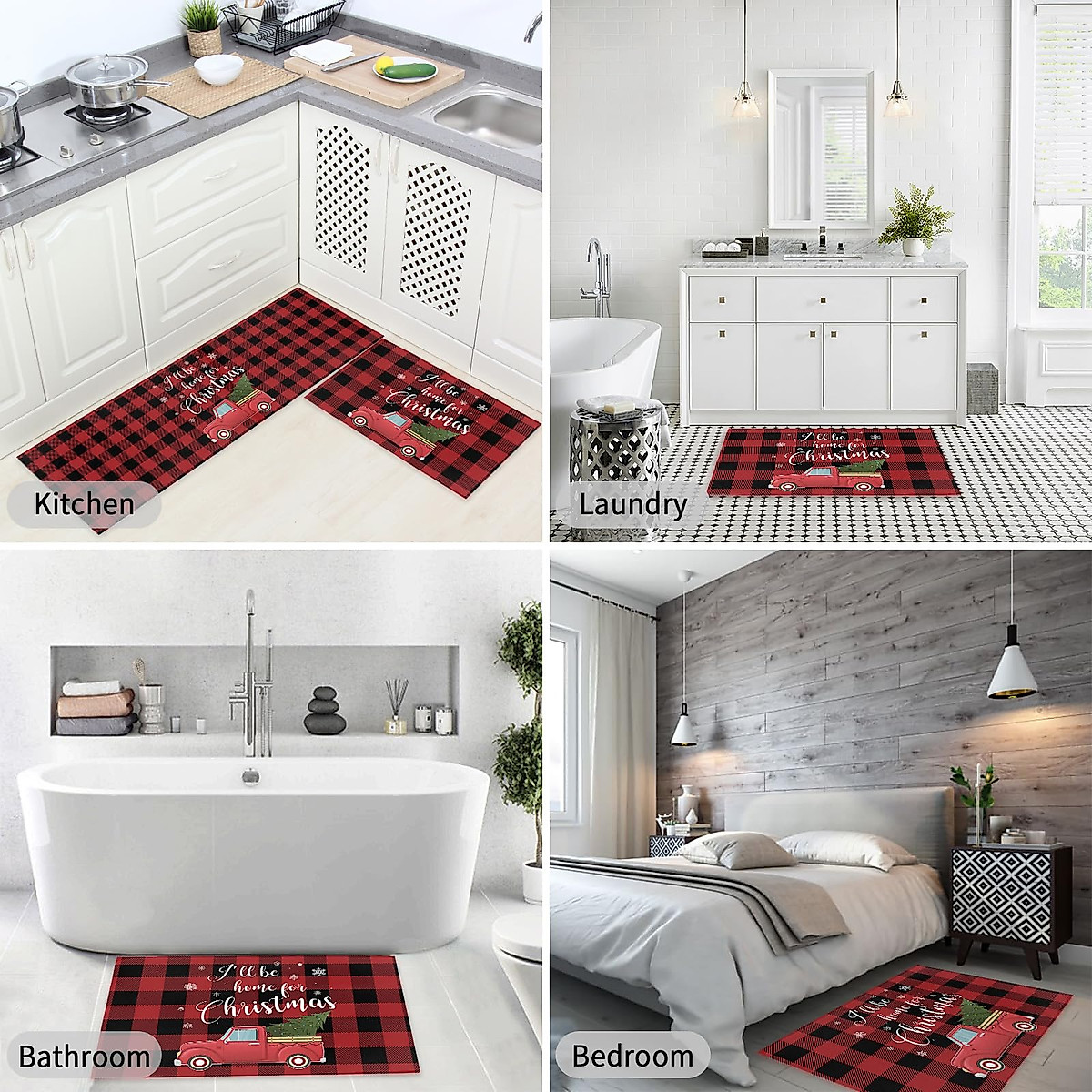 LooPoP Kitchen Rugs and Mats Sets of 2 Christmas Non-Slip Rubber Backing Area Rugs Washable Runner Carpets for Floor, Kitchen Truck Tree Snowflake Red Blank Lattice 15.7x23.6+15.7x47.2inch